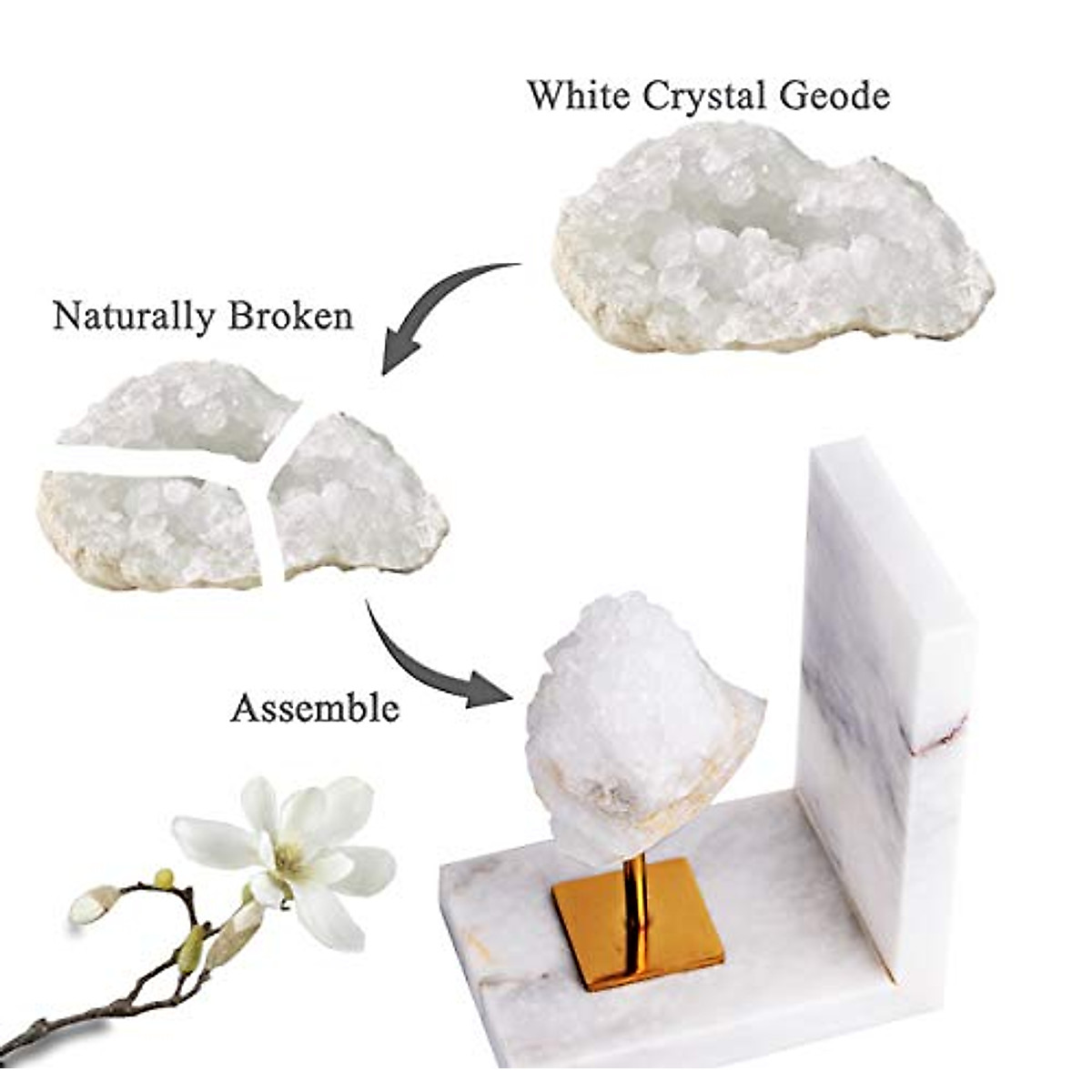 AMOYSTONE Geode Bookends Decorative White Agate Book Ends for Heavy Books Marble Bookends Shelves Decor 1 Pair 5LBS