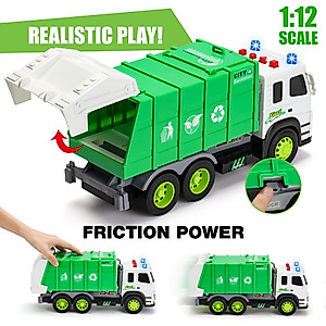 MOBIUS Toys Garbage Truck Friction-Powered – 1:12 Scale Large Size Truck w/Sounds, Lights, Loader, 4 Trash Cans for Learning Waste Management Recycling Toy for Toddlers, Boys, Girls 3 4 5 Years Old