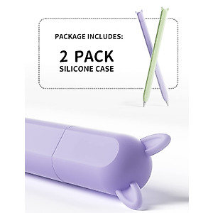 2 Pack Cute Ear Case Silicone Skin Cover Compatible with Apple Pencil 2nd Generation Accessories Compatible with iPad Pro 11 12.9 inch,Purple&Green