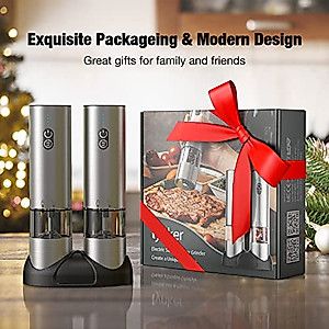 Gravity Electric Salt and Pepper Grinder Set, Automatic Upgraded Pepper and Salt Mill with Charging Base, Adjustable Coarseness and LED Light, One Hand Operation (Silver)