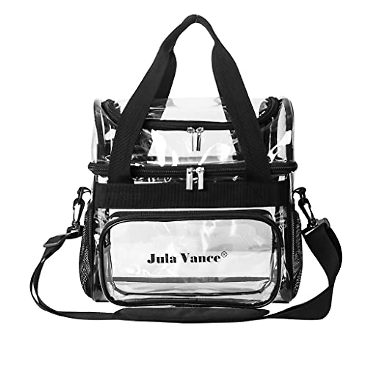 Stadium Approved Double Decker Crossbody Clear Work bag Transparent PVC Lunch Tote Bag Clear Makeup Travel Kit Organizer Bag On Go Clear Lunch Shoulder Bag for Sport Event Concert Correctional Officer