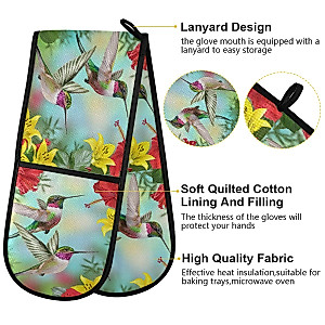 Humming Birds Flowers Double Mitt Animals Plants Heat Insulation Oven Mitts Fabric Kitchen Gloves for Pot Holder Cooking BBQ Baking Decor Gifts