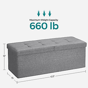 SONGMICS Storage Ottoman, Foldable Storage Bench, 15 x 43 x 15 Inches, Flipping Lid, 660 lb Load Capacity, for Entryway, Living Room, Bedroom, Ash Gray ULSF71G