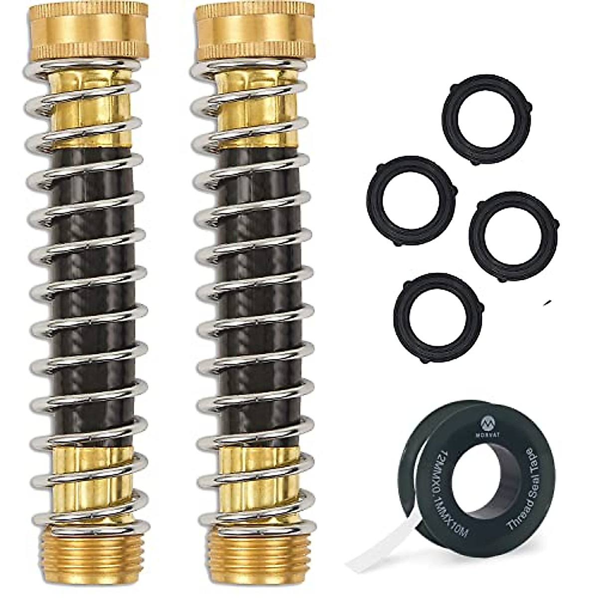 Morvat Brass Garden Hose Kink Protector, Hose Extension, Water Hose Adapter, Outdoor Faucet Extender, Standard 3/4'' Threading, 2 Pack, Includes 4 Rubber Washers and Tape
