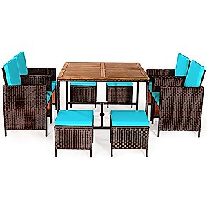 HAPPYGRILL 9PCS Patio Dining Set Outdoor Dining Furniture Set with Cushions, Space-Saving Dining Table with Acacia Wood Tabletop Rattan Wicker Chair and Ottoman Sets for Backyard Garden Poolside