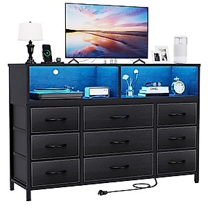 eiskah Black Dresser for Bedroom, 9 Drawers Led Dresser TV Stand with Power Outlets and LED Lights, Long Fabric Dressers Wide Chest of Drawers with Large Organizer for Living Room, Entryway, Hallway