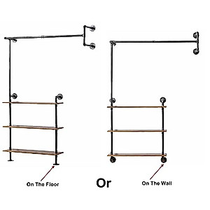 Industrial Pipe Clothing Racks with Shelves, Wall Mounted Wood Clothes Racks, Heavy Duty Iron Pipe Garment Racks for Hanging Clothes, Industrial Retro Steampunk Closet Organizer for Home Retail Store