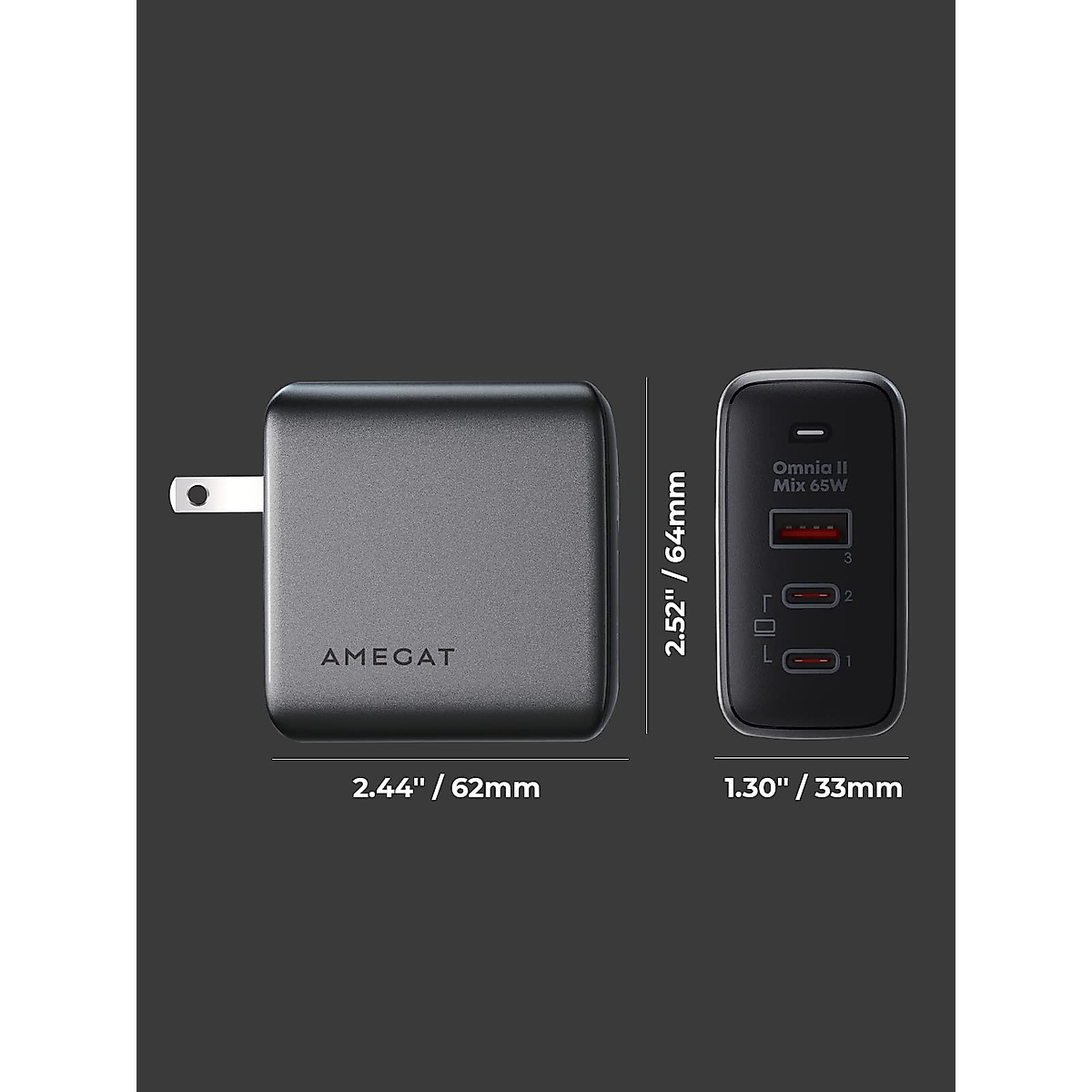 AMEGAT USB C Charger 65W, 3-Port GaN III Fast Charger Block PPS PD 3.0, Compact Foldable Wall Charger for MacBook Pro/Air, Dell XPS 13, iPhone 15/Pro, iPad Pro, Galaxy S23, Steam Deck, and More