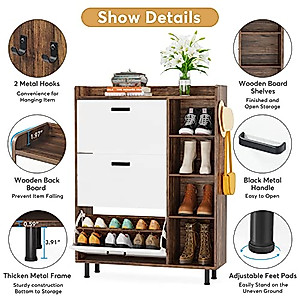 LITTLE TREE Shoe Cabinet, Freestanding Shoes Storage Cabinets with 3 Flip Drawers and Open Shelves for Entryway