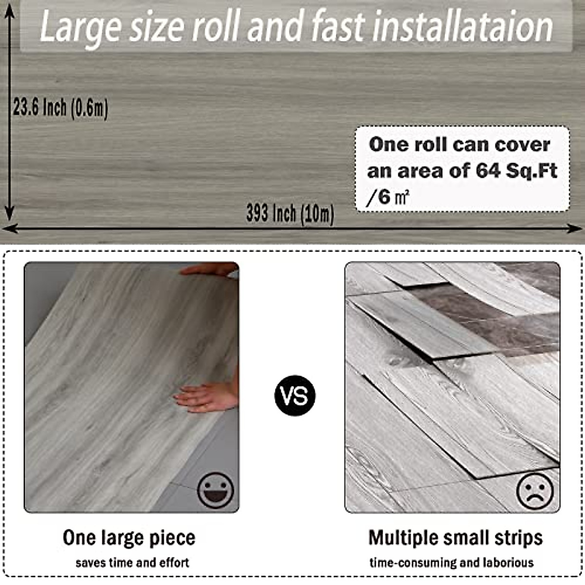 Oxdigi Peel and Stick Vinyl Flooring Roll 23"x 393"/64 Sq.Ft, Self Adhesive Vinyl Floor Tiles Wood Plank Flooring Waterproof Wear-Resistant for Any Room, Easy DIY Floor Coverings, Oak Grey