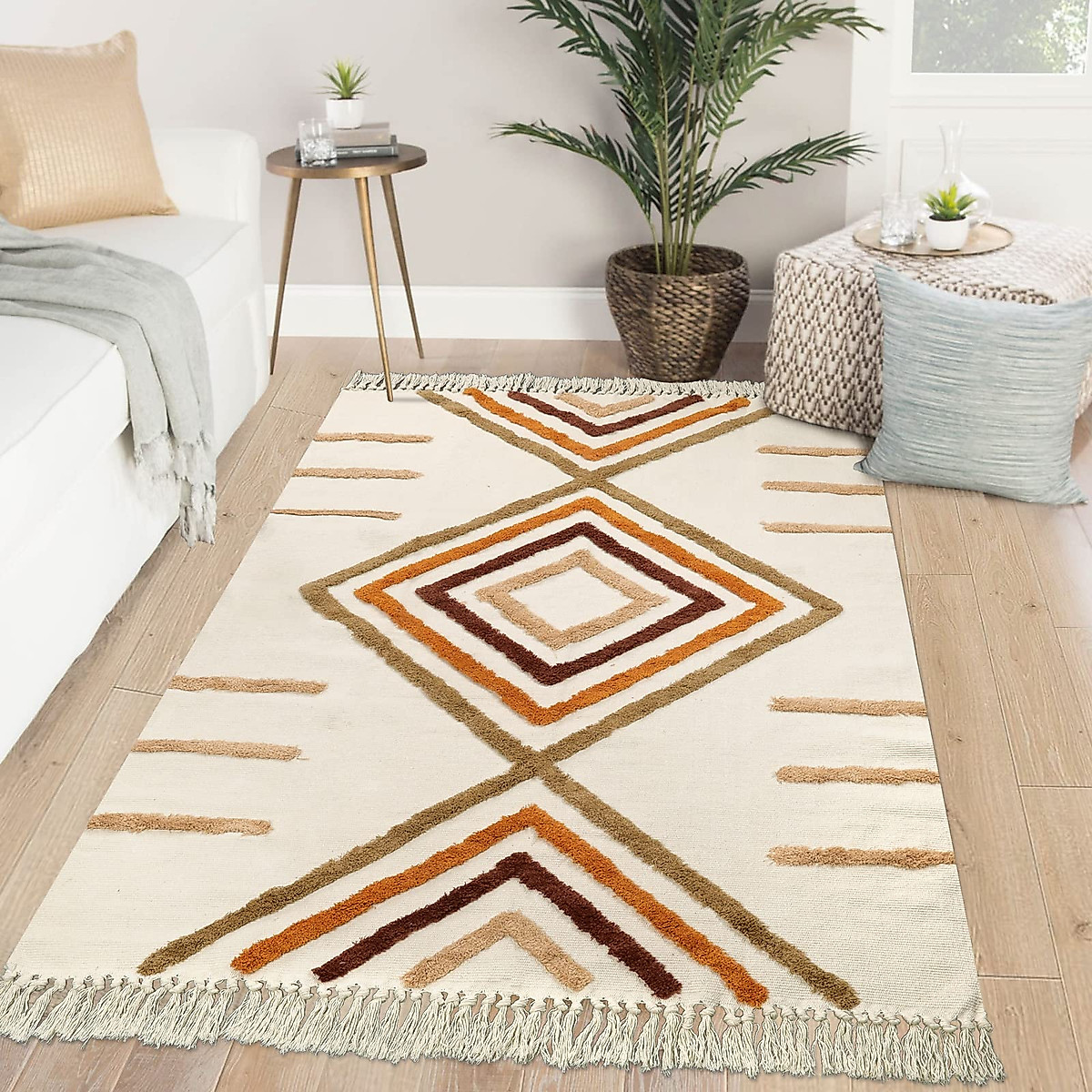Uphome Boho Area Rug 4'x6' Diamond Tufted Washable Living Room Rug with Tassels Soft Cotton Woven Nursery Rug Modern Farmhouse Colorful Indoor Carpet for Entryway Bedroom Kitchen Office