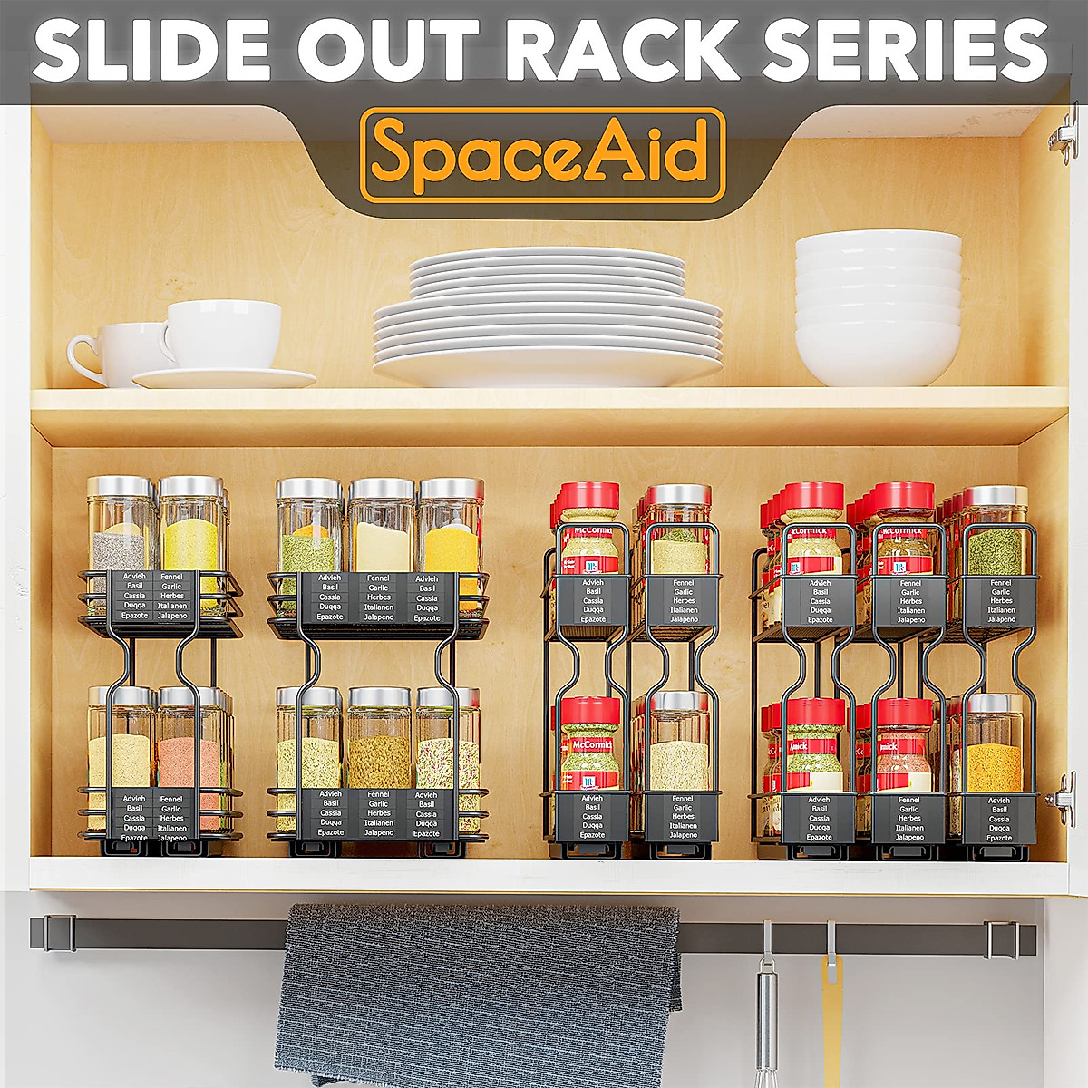 SpaceAid Pull Out Spice Rack Organizer for Cabinet, Heavy Duty Slide Out Seasoning Kitchen Organizer, Cabinet Organizer, with Labels and Chalk Marker, 7.7" W x10.75 D x10 H, 3 Drawers 2-Tier