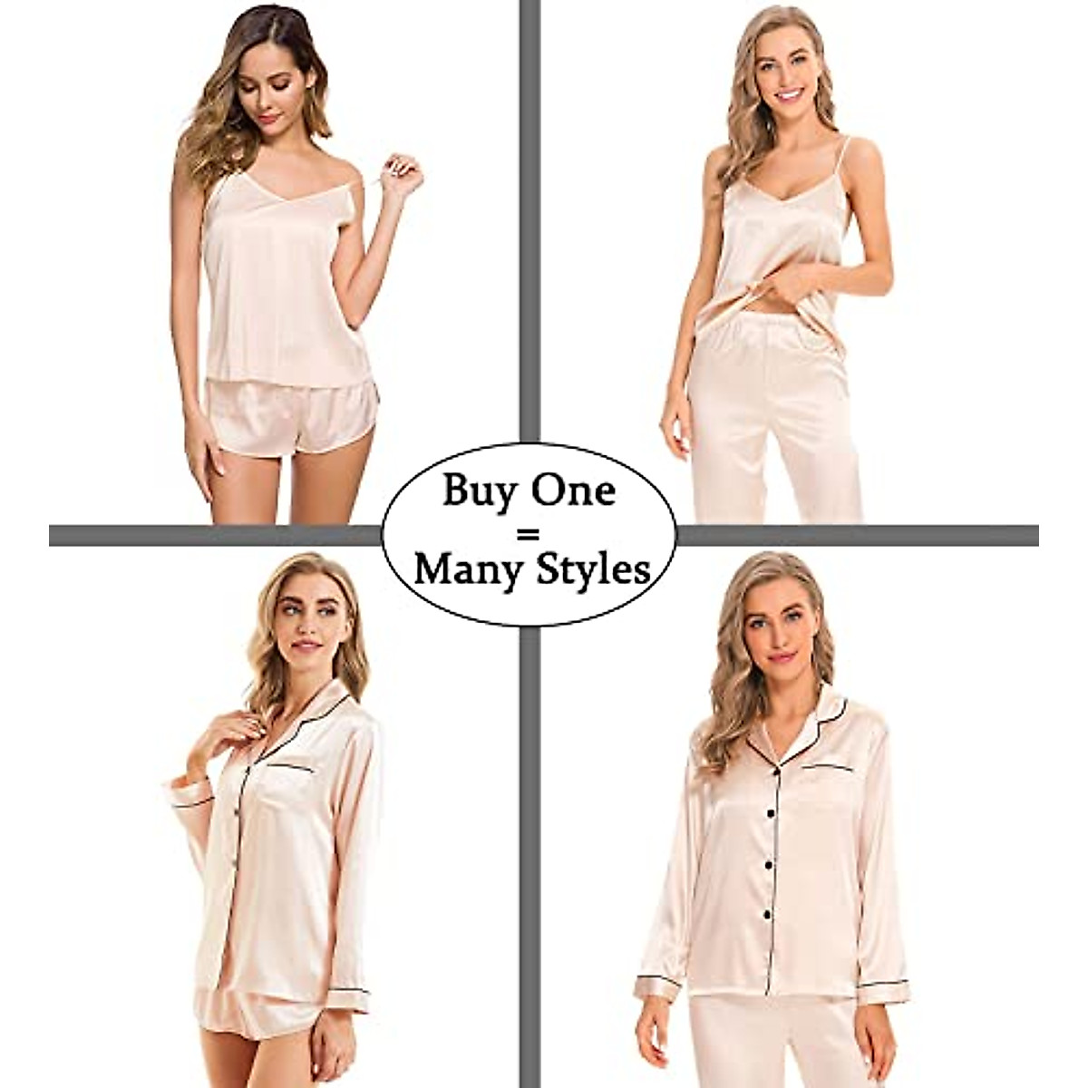 SWOMOG Women's Satin Pajamas 4 Pcs Pajama Set Cami Short Set and Long Sleeve Button Down Pj Sets Champagne