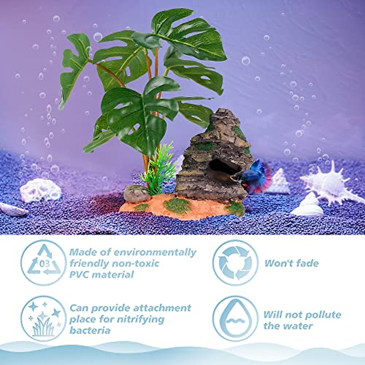 Ameliade Aquarium Cave Decorations and Leaf Pad Hammocks for Betta Fish Ideal Fish Tank Plants Hideout Decor for Cichlid Perfect Betta Toys and Small Fish Bowl Accessories Monstera