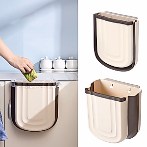 Aimkeoulee Hanging Kitchen Trash Can for Kitchen Counter,9L Collapsible Plastic Waste Bin for Cabinet Door, Wall Mounted 2.4 Gallon Foldable Small Wastebasket for Kitchen, Bathroom, Bedroom(Khaki)