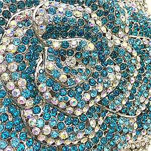 Tngan Women Elegant Rose Flower Evening Clutch Sparkling Crystal Rhinestones Purse Banquet Prom Wedding Handbag, Silver Teal