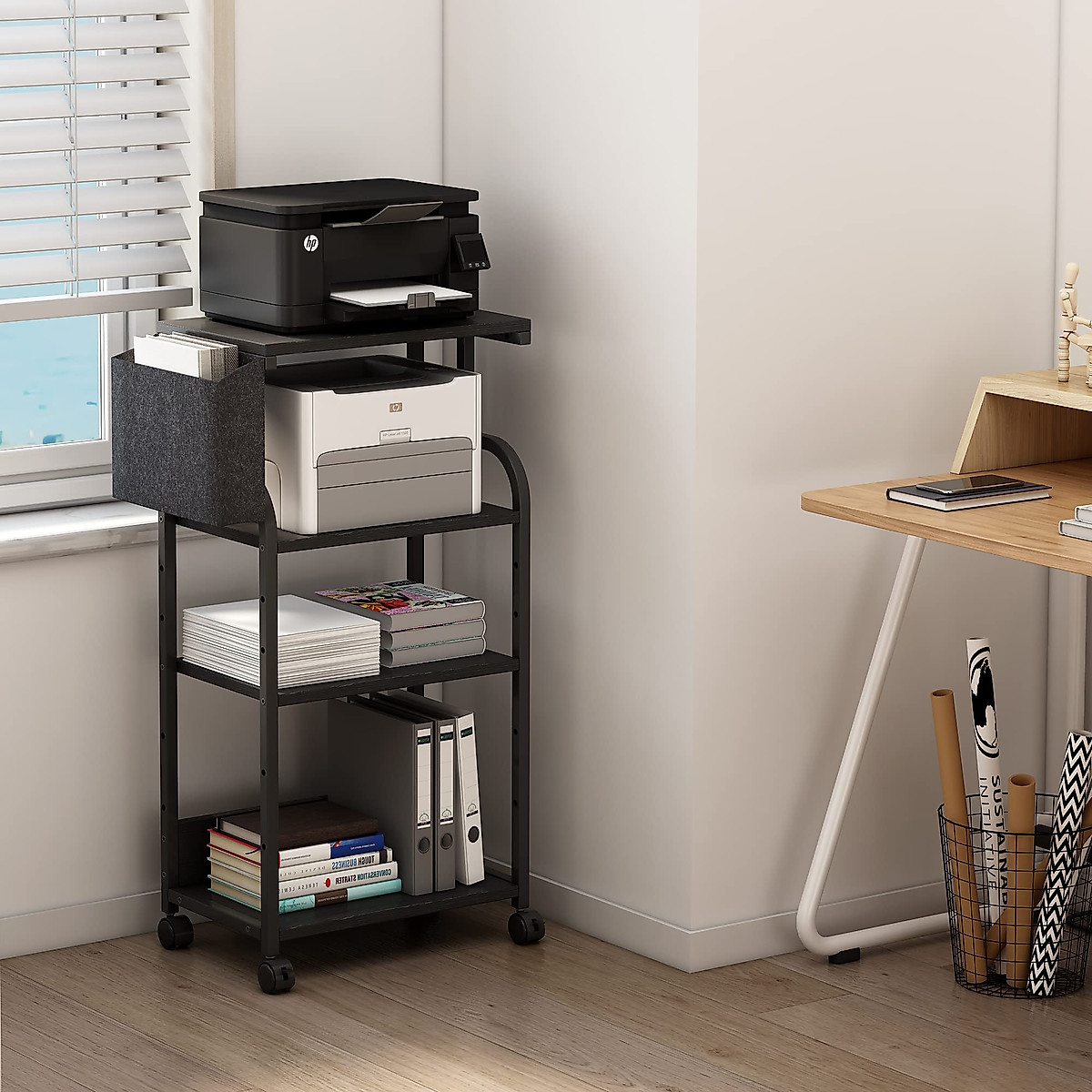 Fannova 4 Tier Small Printer Stand with Adjustable Shelf and Storage Pouch, Rolling Printer Cart with Wheels for Home Office Organization, Table Stand for Shredder CPU Computer Tower, Black