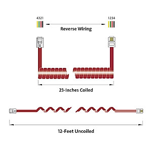 Cablesys Coiled Telephone Handset Cord for Use with PBX Phone Systems, VoIP Telephones - 12 Ft Uncoiled, Rj22, 1.5 Inch Lead on Both Ends, Cherry Red
