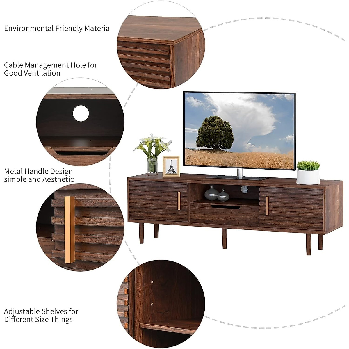 Alohappy Mid-Century Modern TV Stand for 65 Inch TVs, Wood Entertainment Center TV Console Table with Storage Drawer and Open Shelves, Stylish TV Cabinet for Living Room/Bedroom, Brown 59"