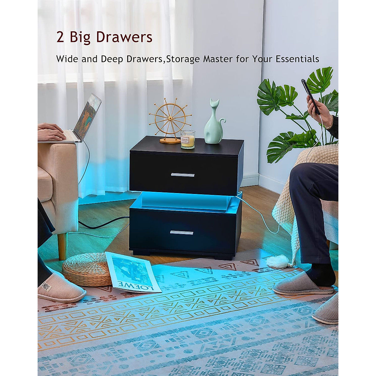 WEENFON Night Stands, LED nightstand with Charging Station, Bedside Table with 2 Wider and Deeper Drawers, Nightstand, Modern Design, End Side Table, Black