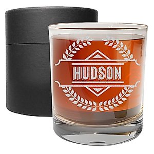 Personalized Etched 11oz Whiskey Glass - Custom Engraved Bourbon Christmas Gifts for Men, Dad Scotch Drinking Birthday Glasses, Groomsmen, Liquor Cocktail Rocks Old Fashioned, Hudson