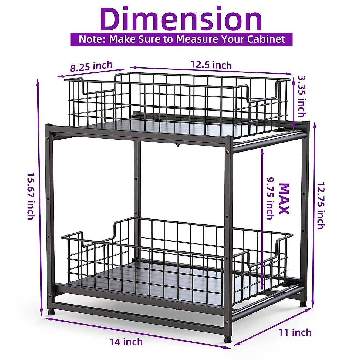 FixOwl Under Cabinet Sink Organizer with Sliding Drawer Under Bathroom Sink Storage Stackable Adjustable Height 2 Tier Countertop Organizer, 1 Pack, Black