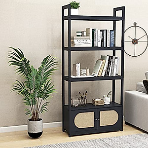 4 Tier Modern Bookshelf with Cabinet, Tall Bookcase with Woven Cane Doors, Freestanding Wood and Metal Display Shelf Unit for Living Room, Bedroom, Office (31.5" W x 11.8" D x 70.8" H, Black)