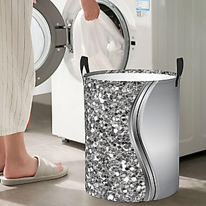 WFTTFOU Laundry Basket Silver Faux Glitter Glam Bling Collapsible Laundry Hamper With Handle Foldable Lightweight Clothes Storage Basket For Bathroom Bedroom College Dorms Medium, Black