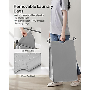 SONGMICS 3-Section Laundry Sorter, Laundry Basket with Wheels, Laundry Hamper with 3 Bags, Laundry Room Organizer, Removable Laundry Bag with Handles, Lockable Wheels, Gray ULSF003GS