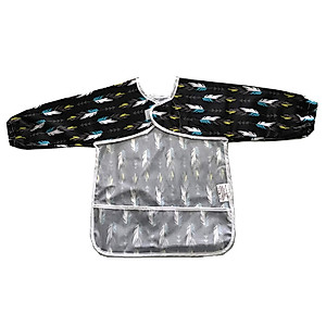 MUMBABY Baby Bib Sleeved Shirt with Pocket 1-3 Years Old Toddler Smock, Waterproof and Washable (White Feather