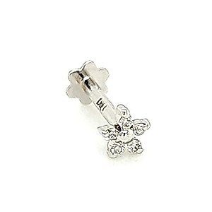 Demira Jewels Natural Diamond 14K White Gold 5-Stone Natural Diamond Flower Nose Pin, Lip Labret, Monroe Ring, Stud, Screw - 8mm Long, 16 Gauge