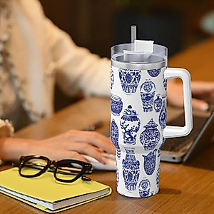 Xiexide 40oz Fits Cup Holder Sports Blue And White Porcelain Chinese Style Chinoiserie Antique Double Walled Vacuum Insulatedith Handle And Straw,Hot & Cold Drinks