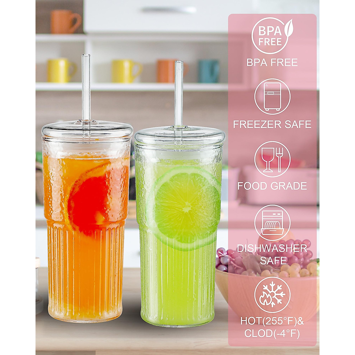 Glass Cups with Lids and Glass Straws, 20OZ Drinking Glasses 2Pcs, Glass Tumbler with Straw and Lid High Borosilicate Glass Tumbler Iced Coffee Cup Water Glass Cups