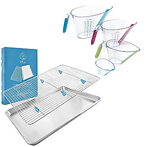 KPKitchen Baking Sheet & Rack Set and 4-Piece Liquid Measuring Cups Set - Aluminum Pan (18” x 13”) + Stainless Cooling Rack (16.8” x 11.8”) - Includes Mini Ounce, 1, 2 and 4 Plastic Measuring Cup Size