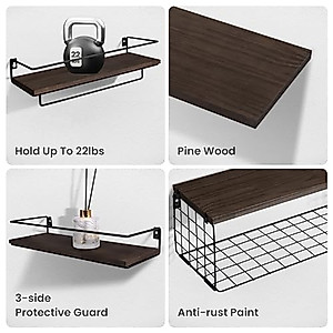 upsimples Bathroom Shelves with Storage Basket, Wall Shelves Over Toilet with Towel Bar and Paper Holder, Farmhouse Wood Floating Shelf for Bedroom, Living Room, Kitchen, Office, Dark Brown Set of 3