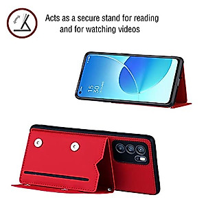 SATURCASE Case for Oppo Reno 6 Pro 5G, PU Leather Soft Silicone TPU Anti-Drop Foldable Kickstand Card Slots Metal Buttons Protective Back Cover for Oppo Reno 6 Pro 5G (Red)