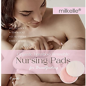 Milkelle Organic Bamboo Reusable Nursing Pads for Breastfeeding, Leak Proof, Pads for Breastfeeding, Washable and Reusable, Ultra Soft, 8 Pads, Large
