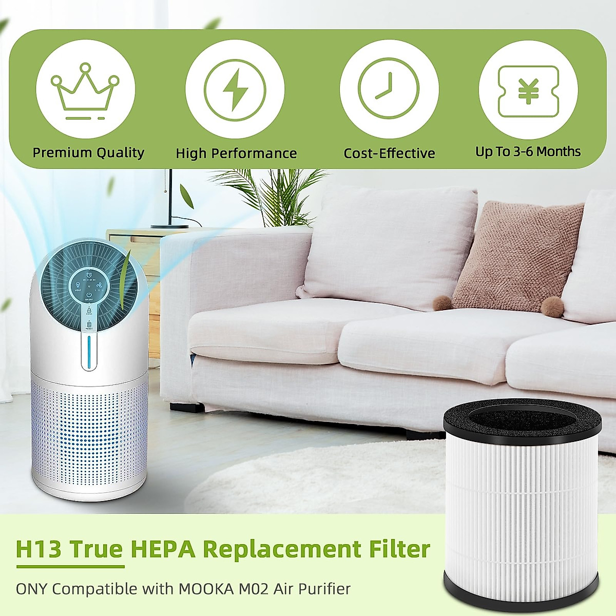 Senowi M02 Replacement Filter Compatible with MOOKA M02 Air Cleaner Purifier for Home Large Room, 3-in-1 H13 True HEPA Air Filter Replacement, 2-Pack