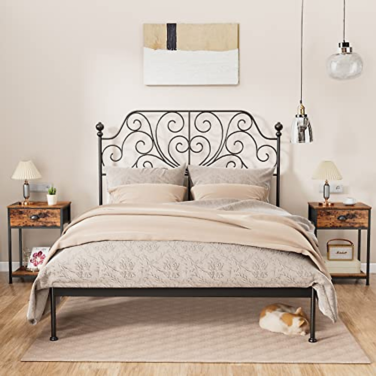 Nightstands Set of 2, Industrial End Table with Fabric Drawer and Storage Shelf, Retro Bedside Tables Organizer, Side Table for Living Room Bedroom, Rustic Brown Wooden Look and Black Metal Frame