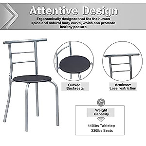 VECELO 3 Piece Small Round Dining Table Set for Kitchen Breakfast Nook, Wood Grain Tabletop with Wine Storage Rack, Save Space, 31.5", Black and Silver