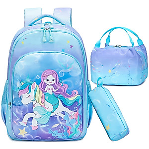 Mermaid Unicorn Backpack for Girls School Backpack for Girls Mermaid Bookbag Large Capacity Water Resistant School Bag 3 Piece Bundle with Insulated Lunch Bag Pencil Case