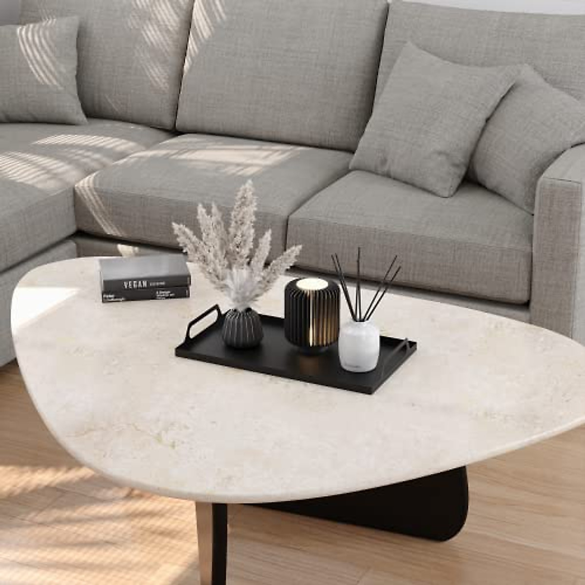 HORIAMIT Coffee Table Tray, Serving Tray Snack Tray Rectangle Black Metal Tray with Handles 16.7x9.5 inches, Vanity Tray Bathroom Organizer Kitchen Tray for Counter