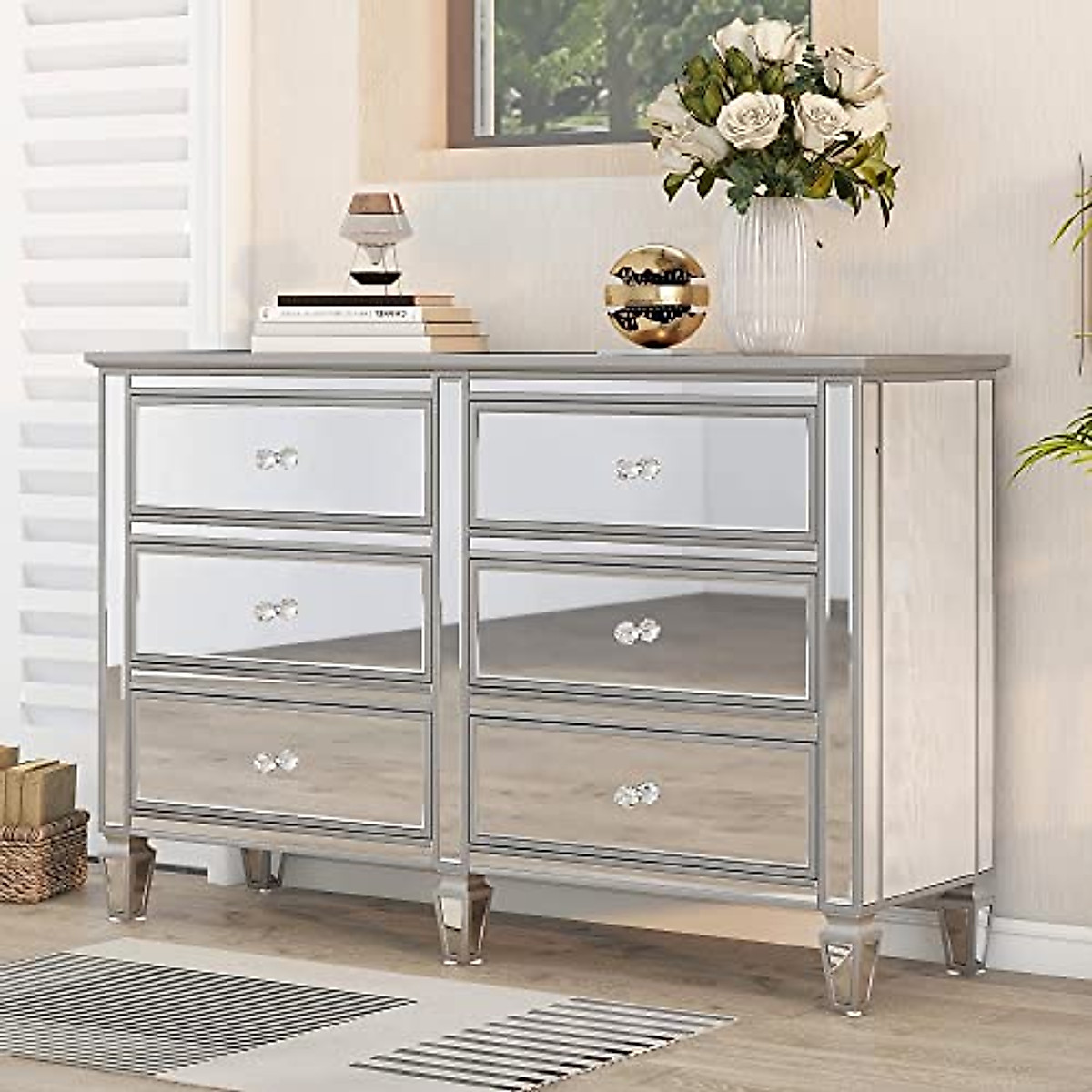 SOFTSEA Modern 6 Drawer Mirrored Dresser, Glass Dresser & Chest of Drawers for Bedroom, Silver Finished Storage Cabinet with Crystal Knobs, Easy Assembly