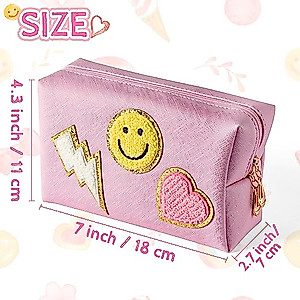 LieToi Preppy Patch Small Toiletry Bag Smile Lightning Heart PU Leather Portable Waterproof Makeup Cosmetic Bag Daily Use Storage Purse Travel Organizer Compliant Bag for Women Girls Gift (Pink)