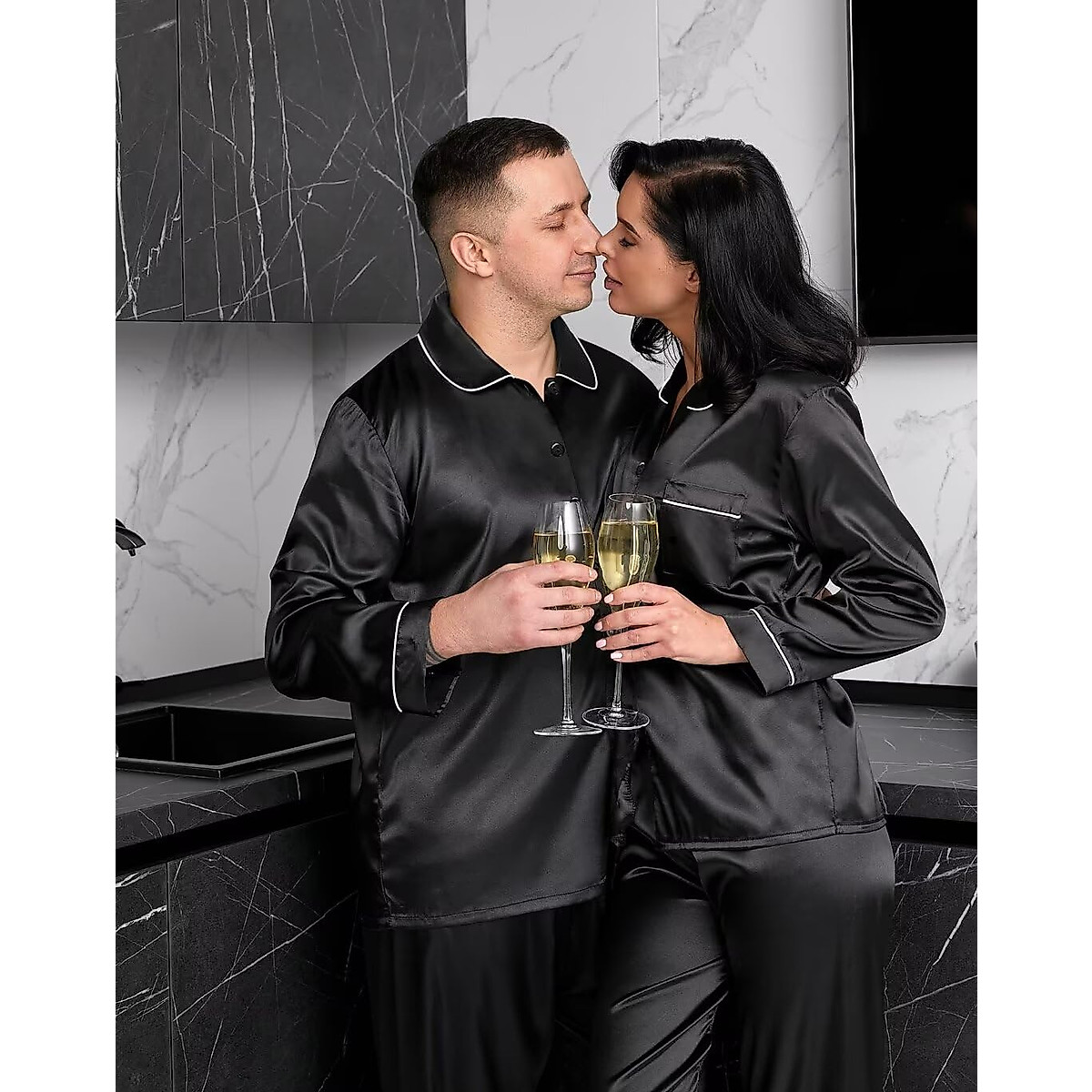 SWOMOG Couple Silk Satin Pajamas Set 2Pcs Matching Famliy Sleepwear Button Down Loungewear Men & Women Pjs with Pants Black