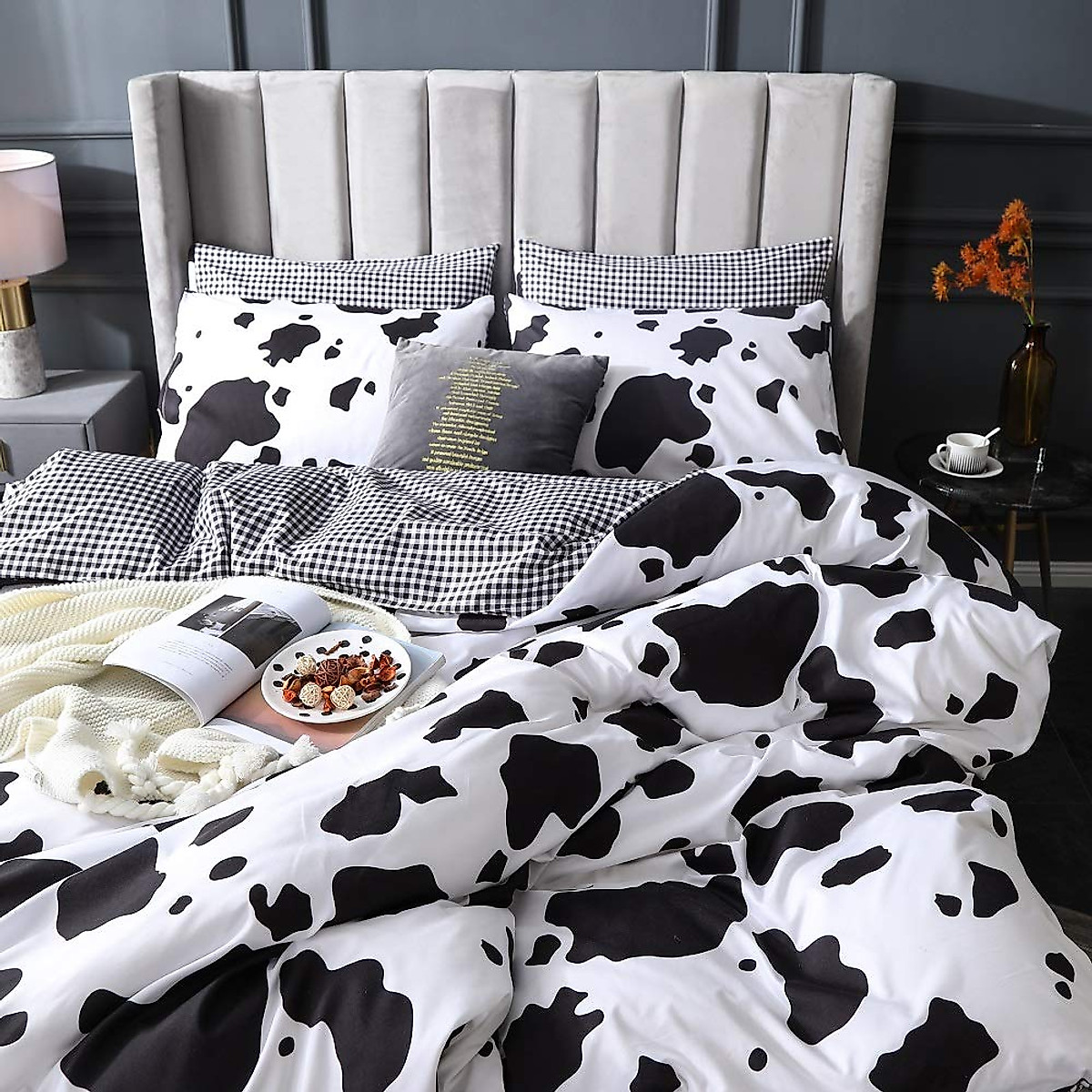 Erosebridal Kid Cartoon Bedding Set Cow Print Duvet Cover Black White Comforter Cover Milk Cow Animal Bedspreads Cover 2 Pcs Twin Size, Reversible Plaid Grid Toddler Teen Boys Girls Room Decor,
