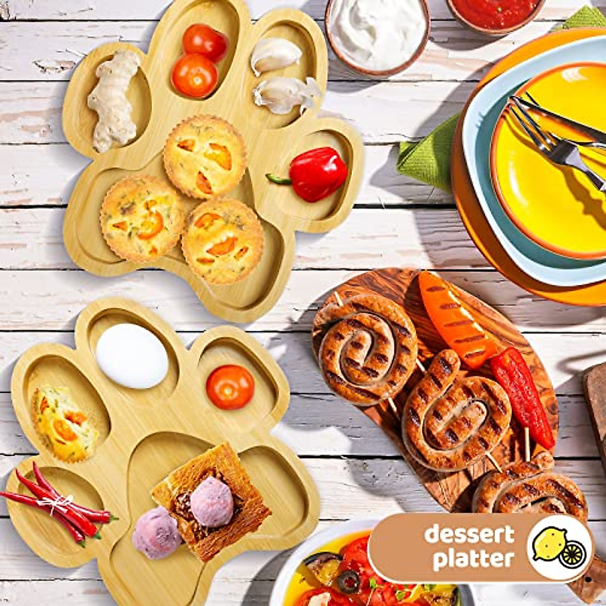 2 Pcs Paw Shaped Bamboo Serving Tray Pumpkin/Maple Leaf Snack Platter with Grooves Claw Heart Candy Dish Bowl Gifts for Thanksgiving Dog Birthday Party Supplies (Paw)