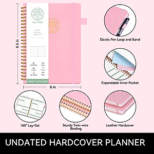 Daily Planner Undated, Daily Schedule Planner, Undated Planner With Hourly Schedule, Spiral Daily To Do List Planner with Meal Tracker, Appointment, Leather cover, 160 Pages, Pink（5.5"x8.5"）