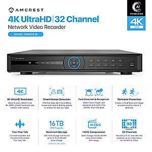 Amcrest 4K NV4232-EI 32CH AI NVR, Smart NVR, Facial Recognition, Facial Detection & Vehicle Detection - Supports 32 x 4K IP Cameras, Supports 2 x 16TB HDD (Not Included) (No PoE Ports Included)