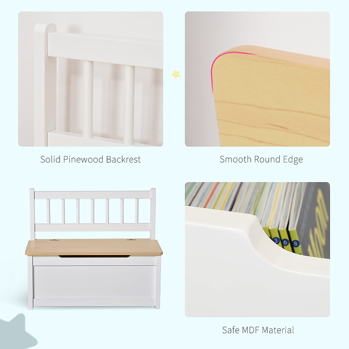 Qaba Toddler Toy Box Storage Bench with Large 27 L Interior, Kids Storage Bench Seat with Storage for Toddler Playroom Furniture, Kids Bedroom Furniture, Toy Organizer and Storage Bin White